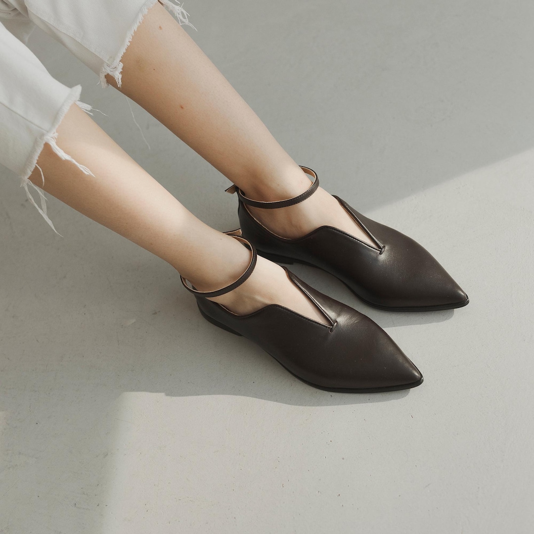 Brown Ballet Flats With Notched Vamp V-cut and Ankle Strap, Handmade ...
