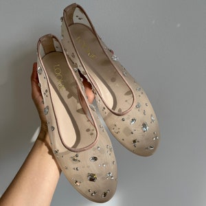 Beige Mesh Flats With Rhinestone Embroidery and Almond Toe, Fishnet ...