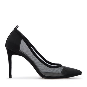 Black Mesh Pumps With Black Suede Pointy Heels, Fishnet High Heels With ...