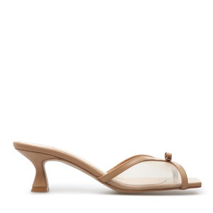 Beige Mesh Mules With Open Peep Toe, Fishnet Woman Shoes With Spool ...