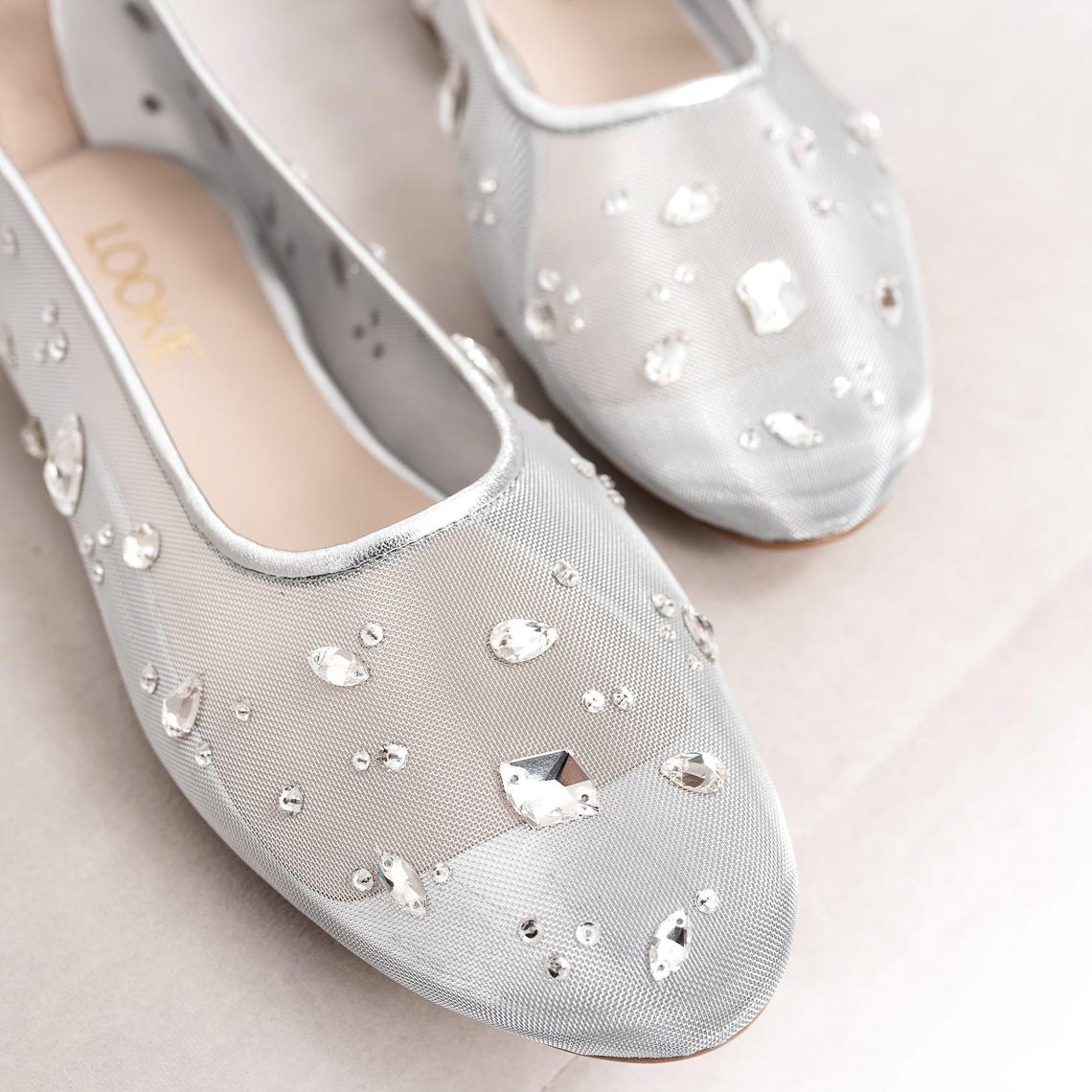 Silver Mesh Flats With Rhinestone Embroidery and Almond Toe, Fishnet ...