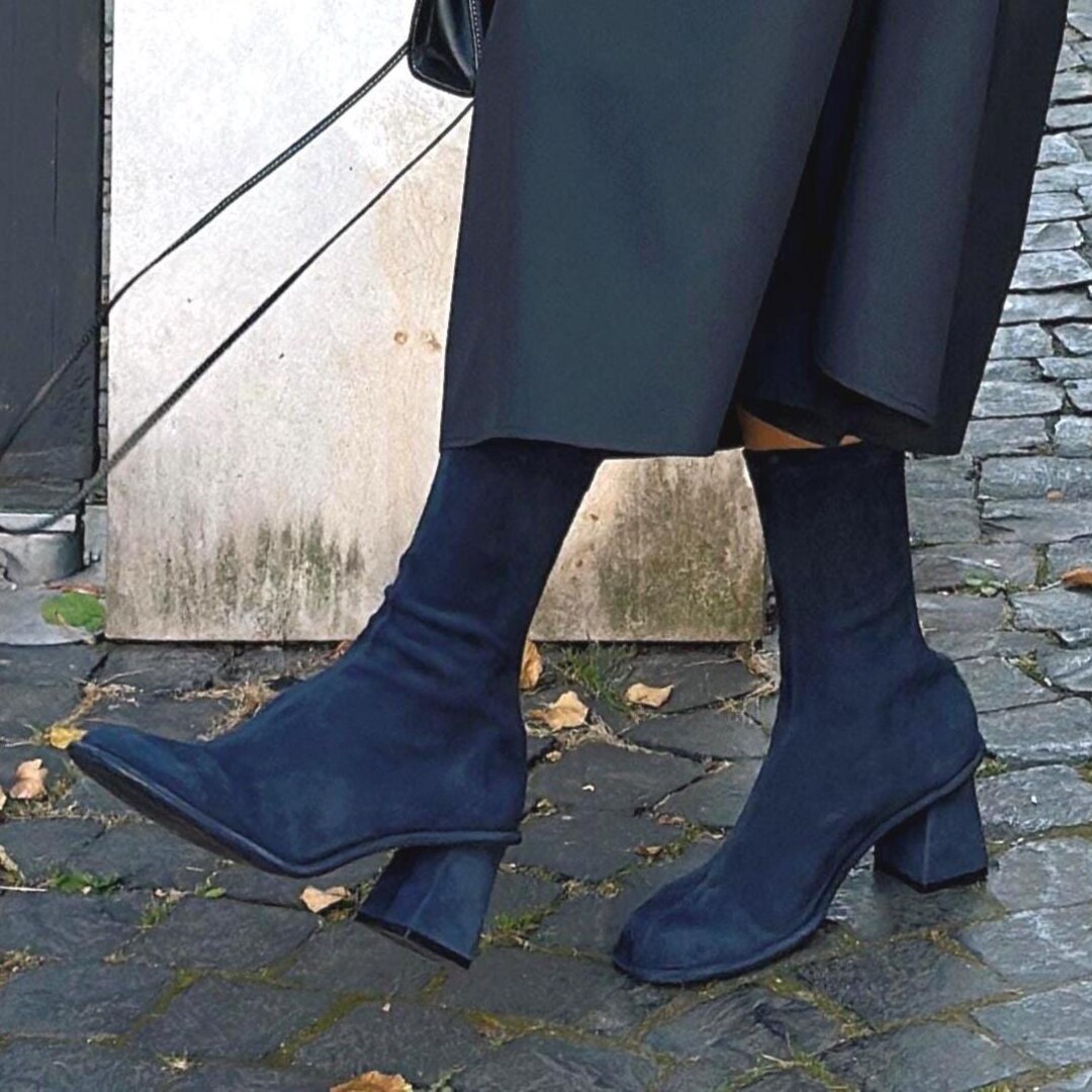 Dark Blue Ankle Boots With Block Heel, Round Toe and Zipper, Fall Women ...