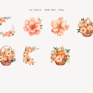 Peach Floral Watercolor Clipart | Peach Floral Bouquet, Wedding ...