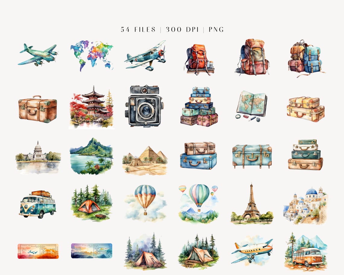 Watercolor Travel Clipart Bundle Summer Vacation, Language, Beach ...