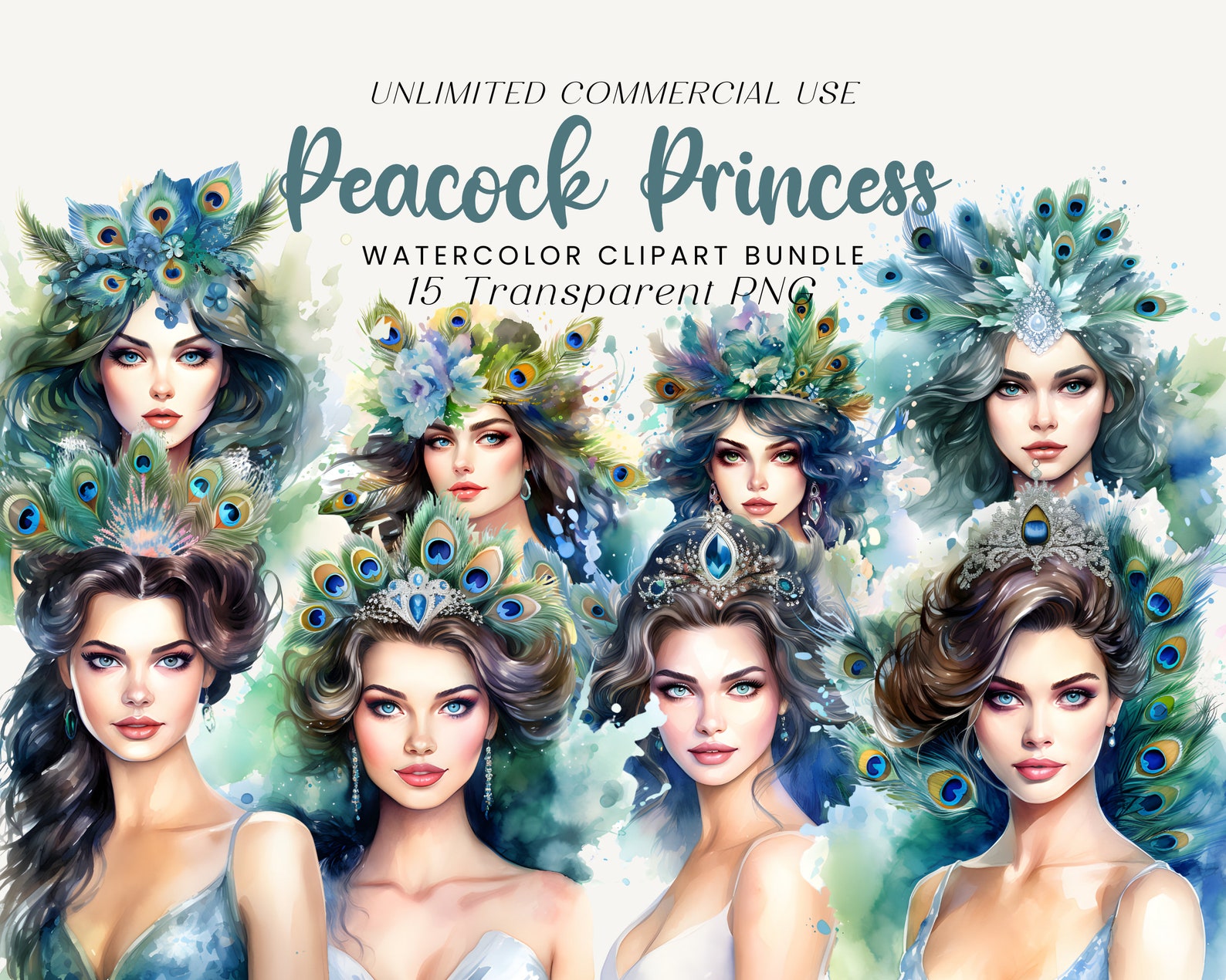 Peacock Princess Watercolor Clipart Bundle | Pretty Girls Clipart ...