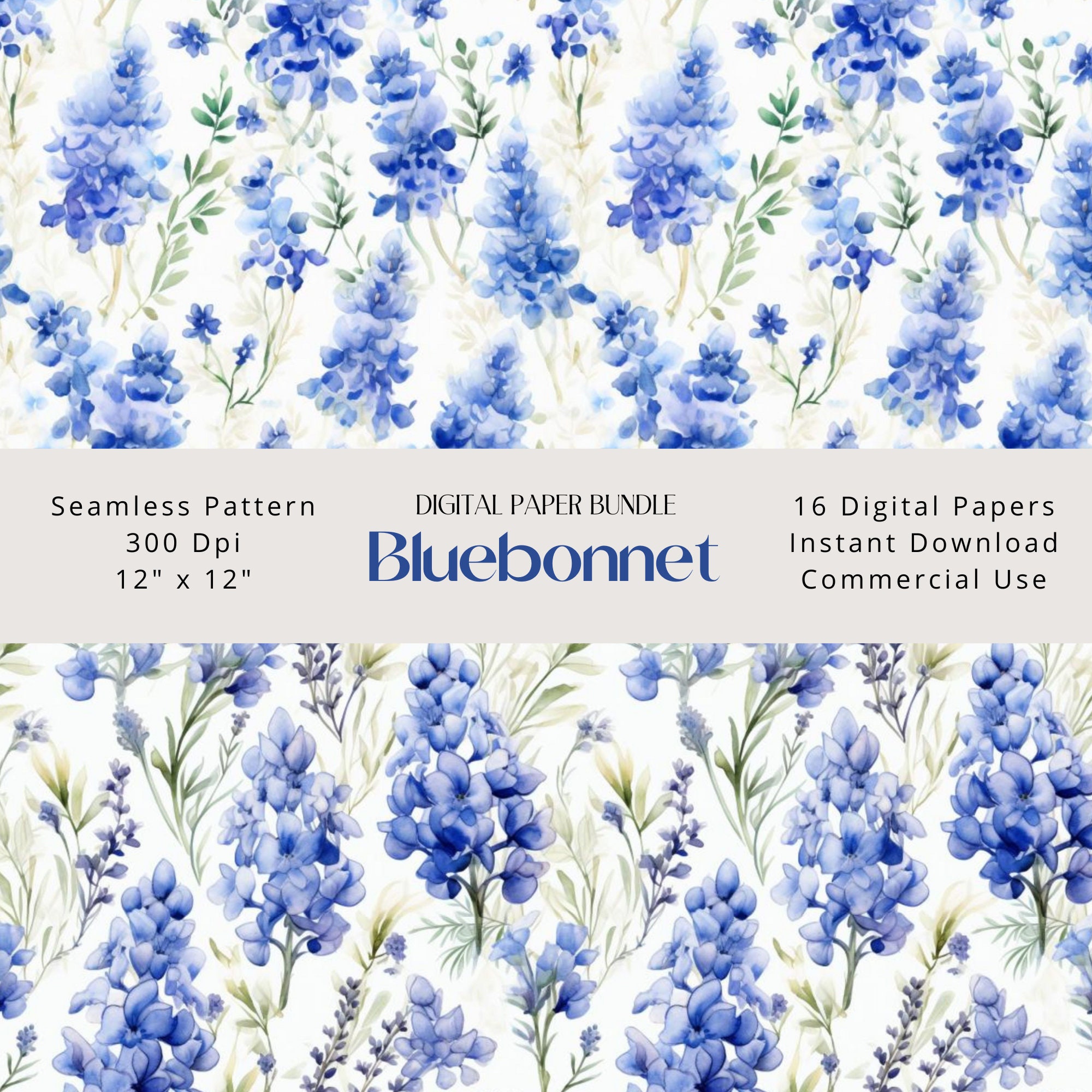 Bluebonnet Digital Paper Seamless Vintage Watercolor Scrapbook Paper ...