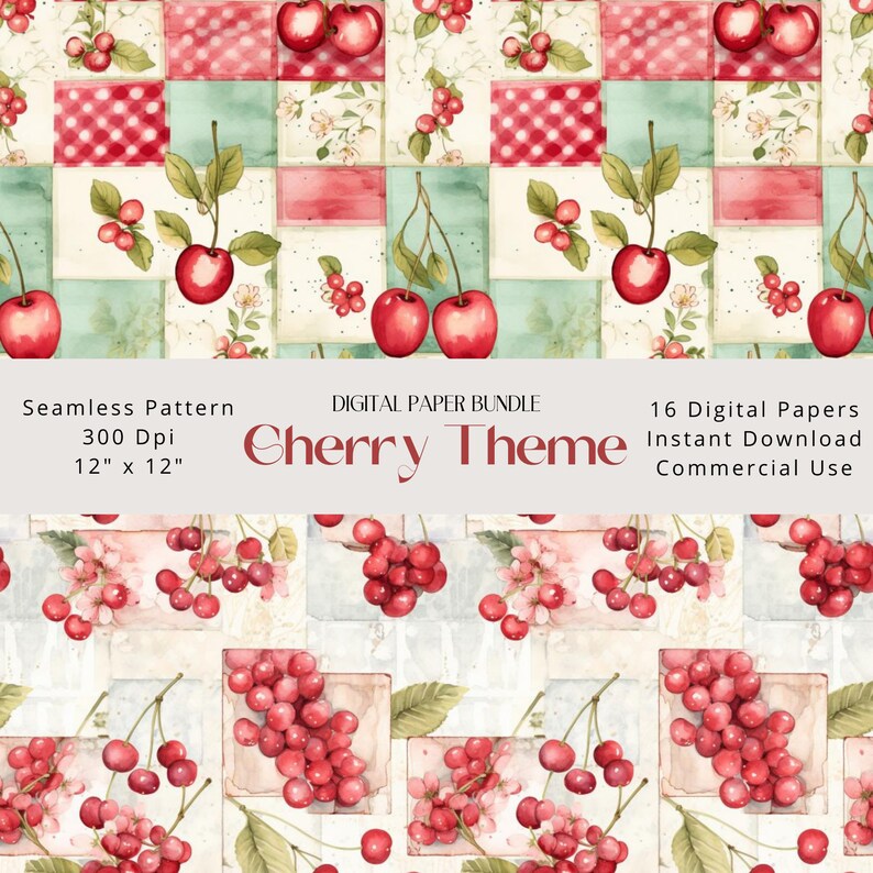 Cherry Digital Paper Seamless Vintage Watercolor Scrapbook Papers ...