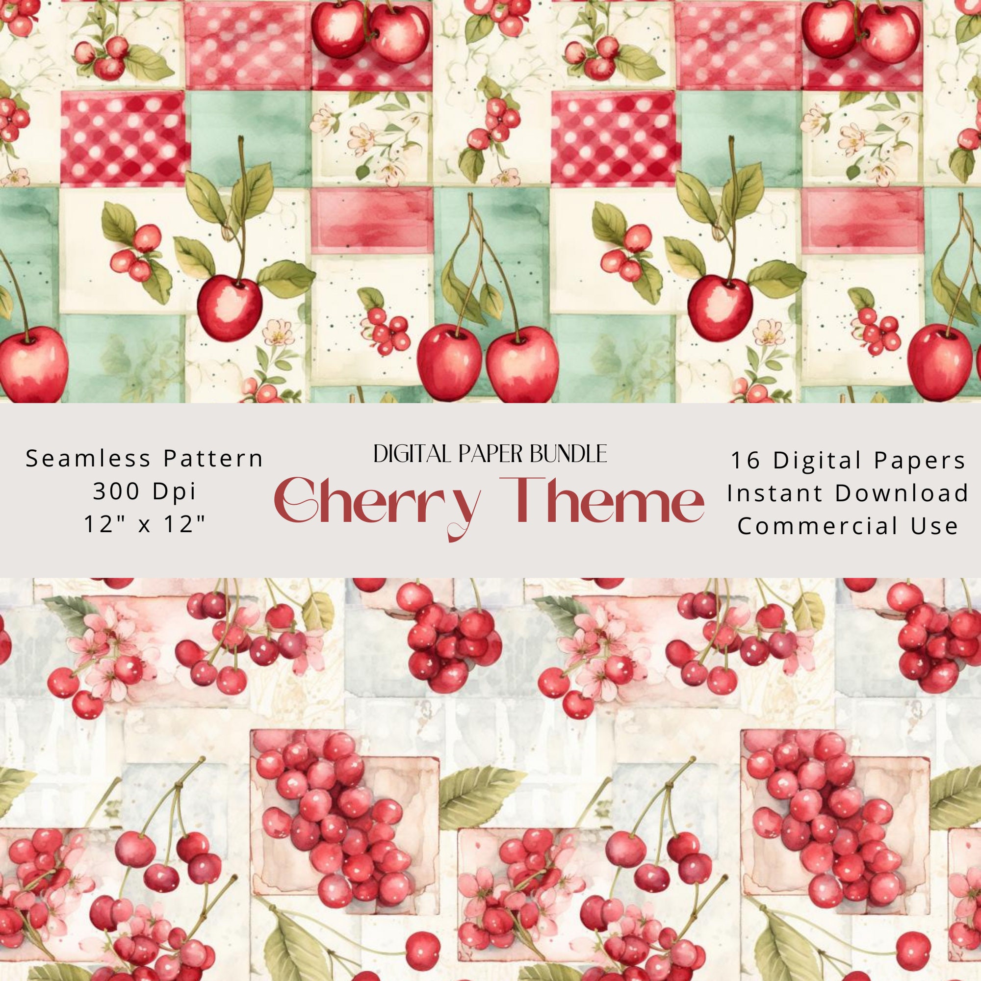 Cherry Digital Paper Seamless Vintage Watercolor Scrapbook Papers ...