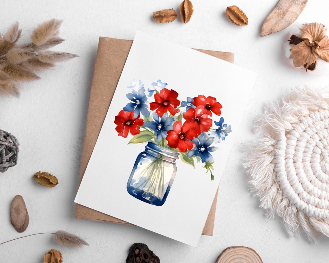 Red White & Blue Floral Clipart Bundle | Watercolor Clipart | Patriotic ...