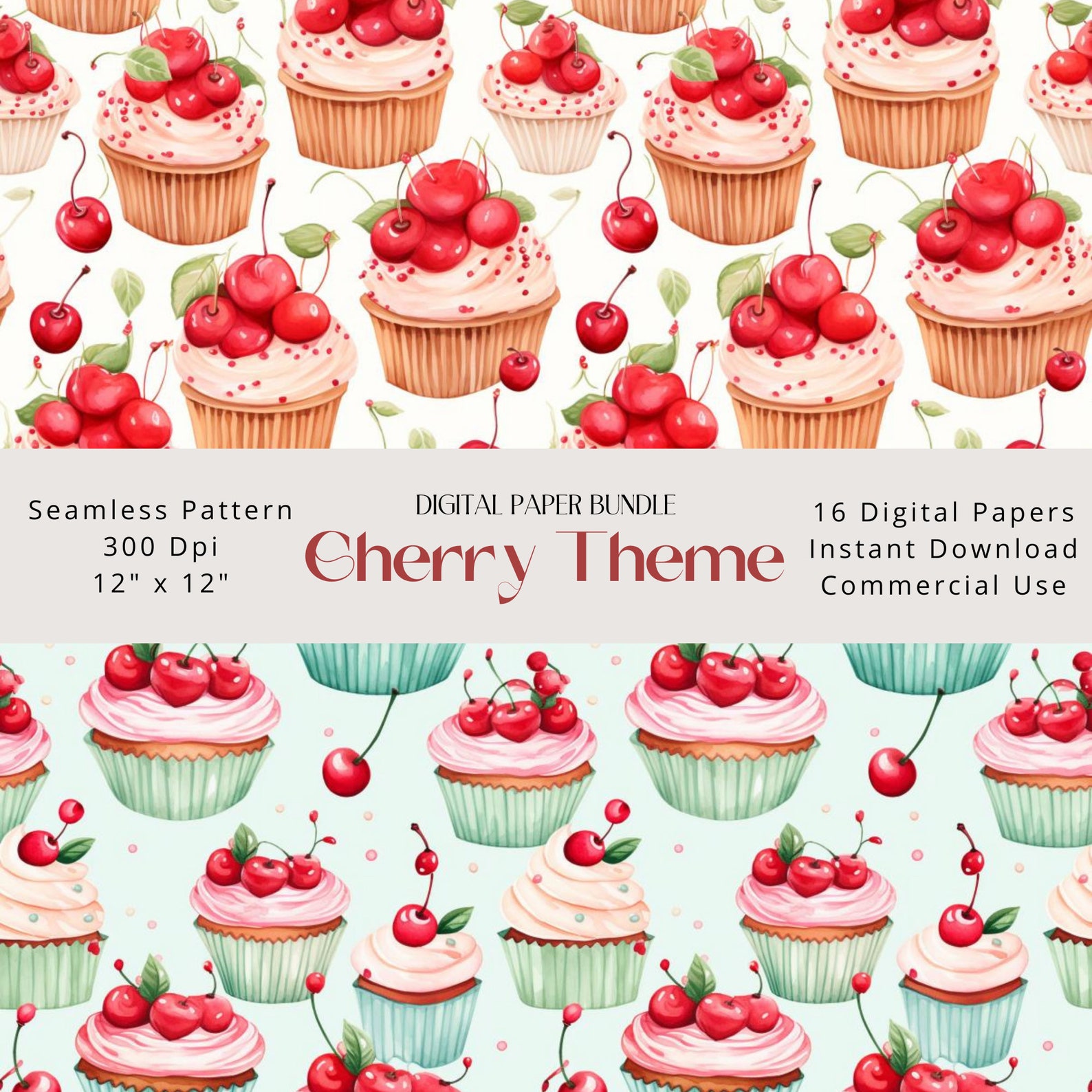 Cherry Digital Paper Seamless Vintage Watercolor Scrapbook Papers ...