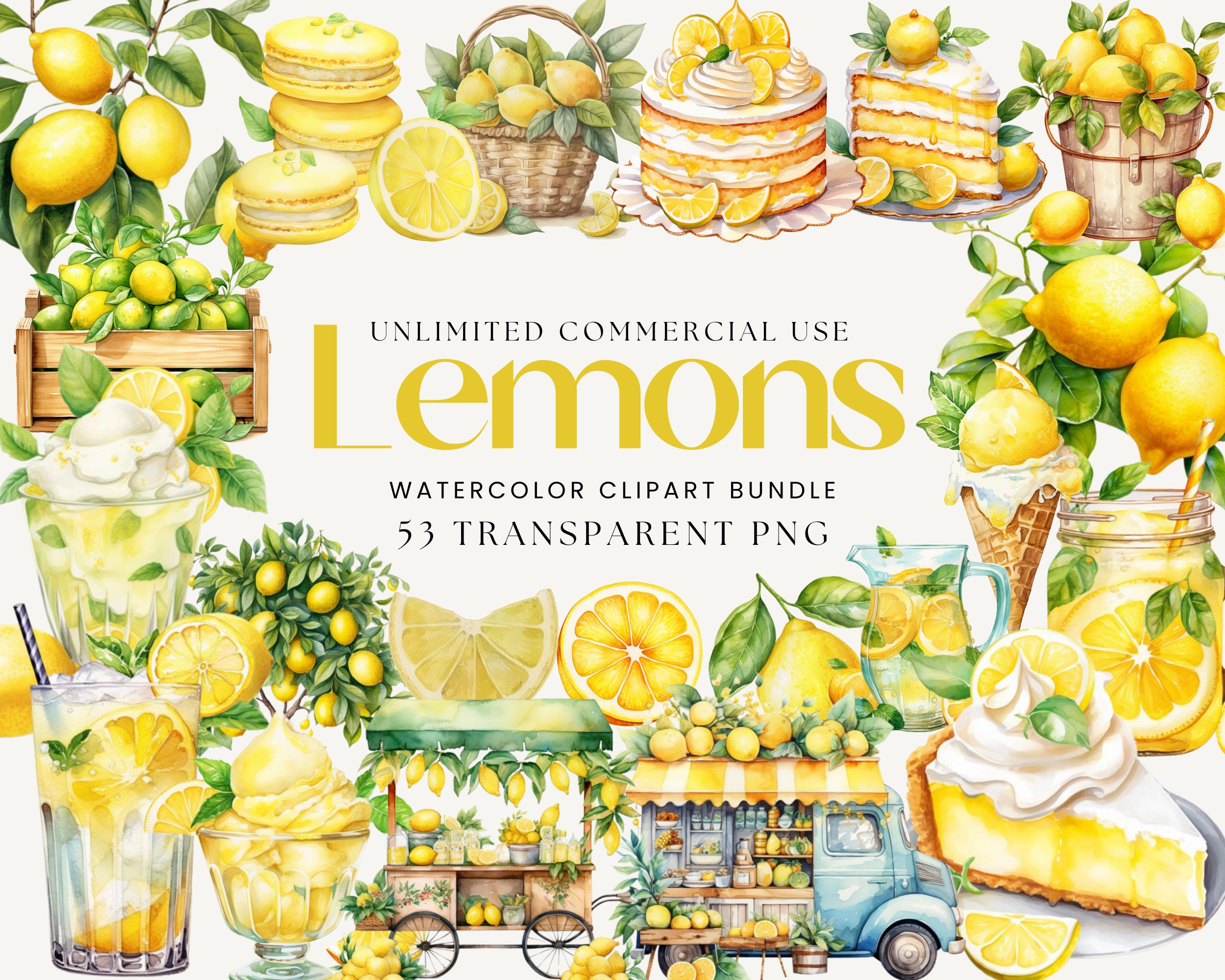 Watercolor Lemon Clipart Bundle Lemon Cake, Lemon Print, Lemonade ...