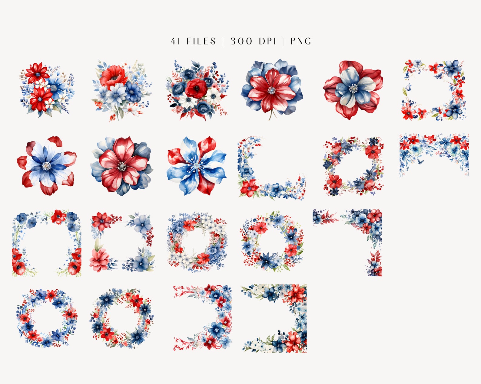Red White & Blue Floral Clipart Bundle | Watercolor Clipart | Patriotic ...