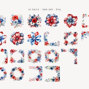 Red White & Blue Floral Clipart Bundle | Watercolor Clipart | Patriotic ...