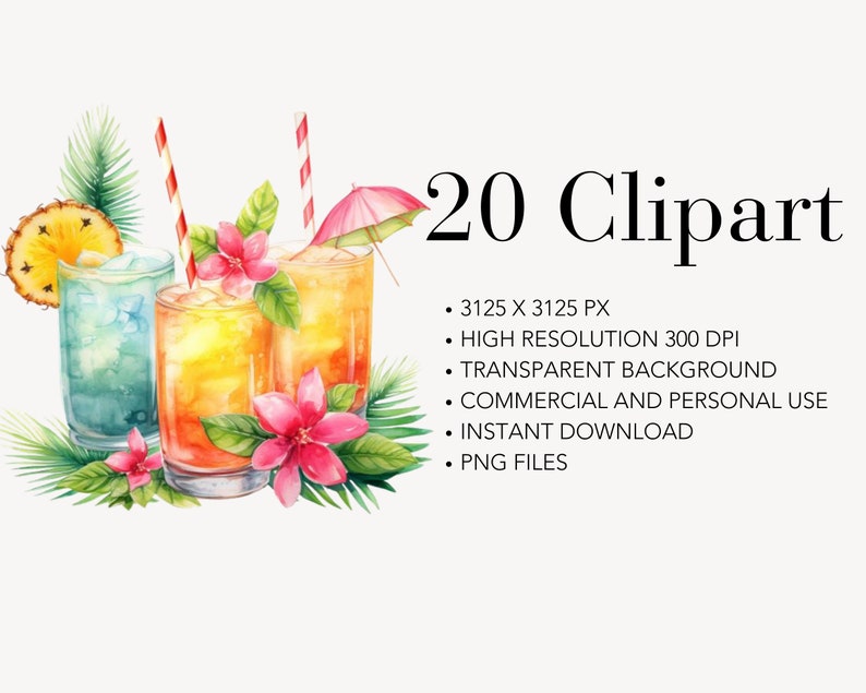 Tropical Summer Cocktails Clipart Watercolor Cocktail Clipart Summer ...