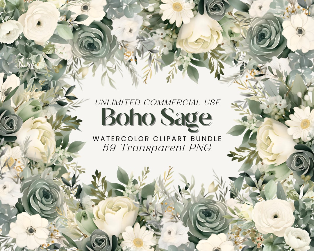 Boho Sage Floral Clipart: Watercolor Bouquet PNG (59 Images) - Etsy