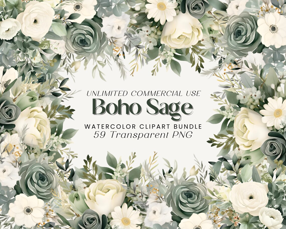 Boho Sage Floral Clipart: Watercolor Bouquet PNG (59 Images) - Etsy