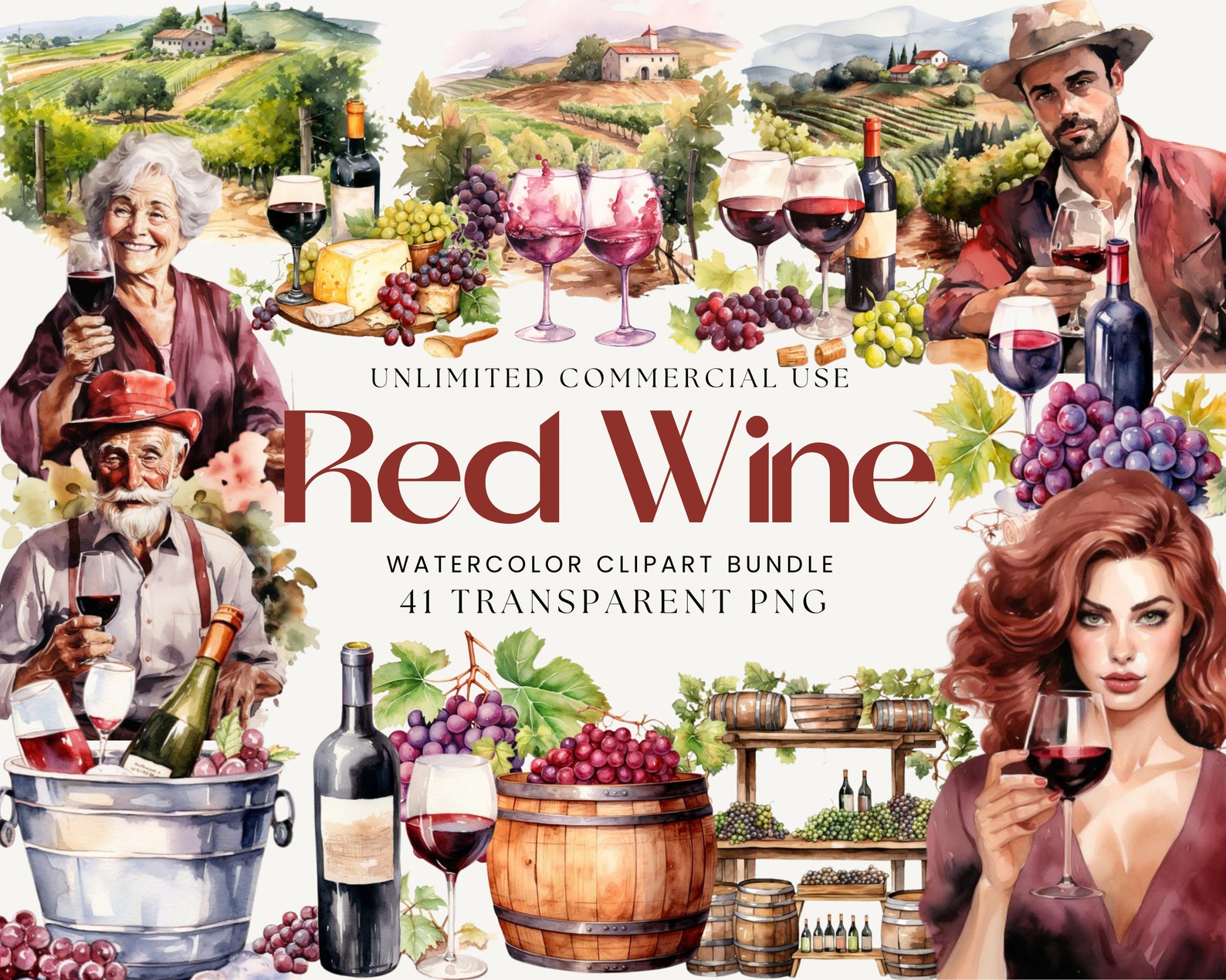 Watercolor Red Wine Clipart Bundle Wine Illustrations Red Wine Grapes ...