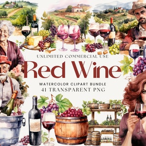 Watercolor Red Wine Clipart Bundle | Wine Illustrations | Red Wine | Grapes, Wine Barrel ...