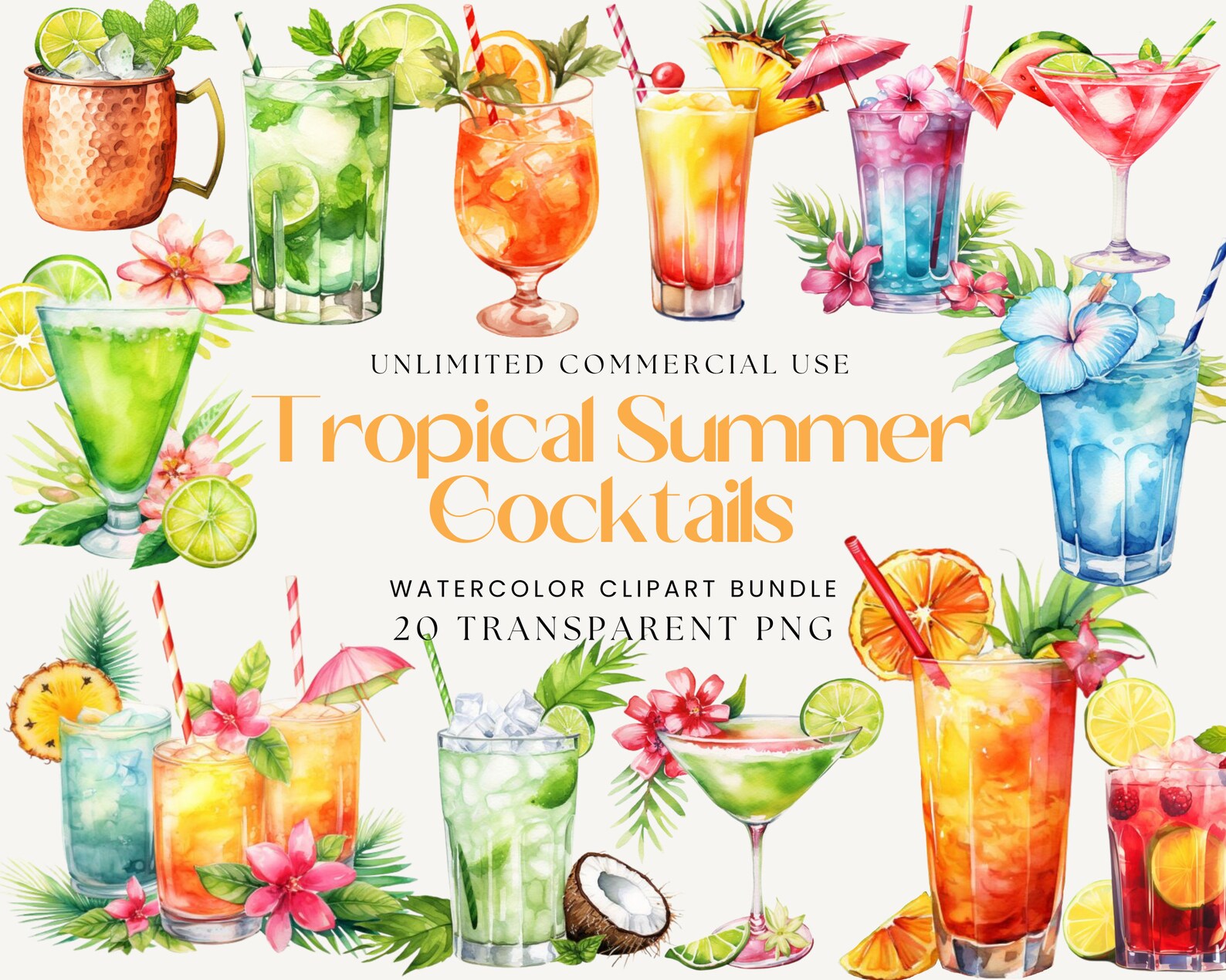 Tropical Summer Cocktails Clipart Watercolor Cocktail Clipart Summer ...