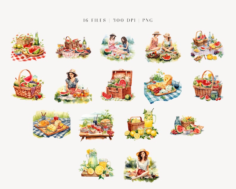 Watercolor Summer Picnic Clipart Bundle Afternoon Picnic, Picnic Basket ...