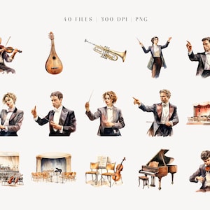 Watercolor Orchestra Clipart Bundle: 40 PNG Musical Instruments ...