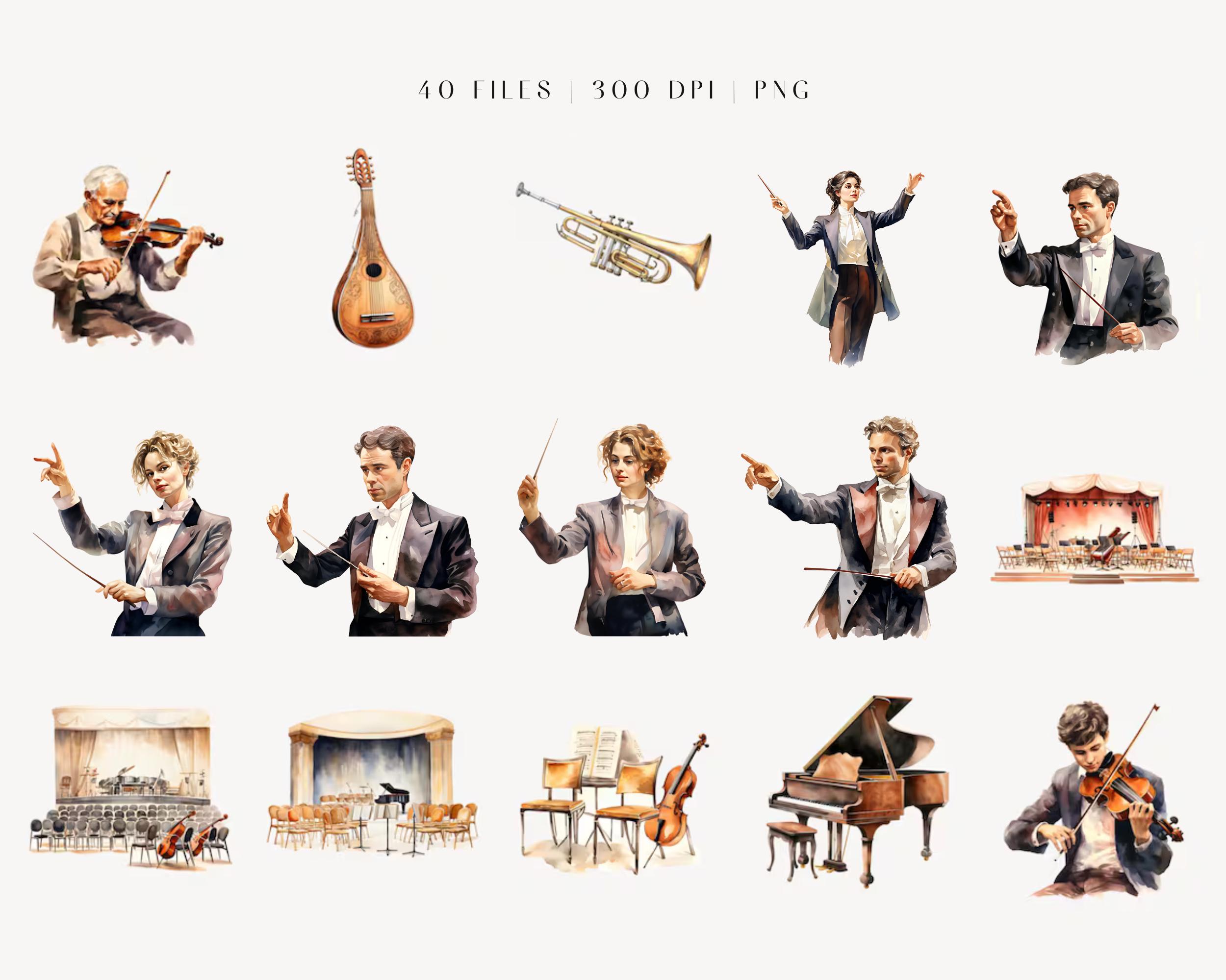 Watercolor Orchestra Clipart Bundle: 40 PNG Musical Instruments ...