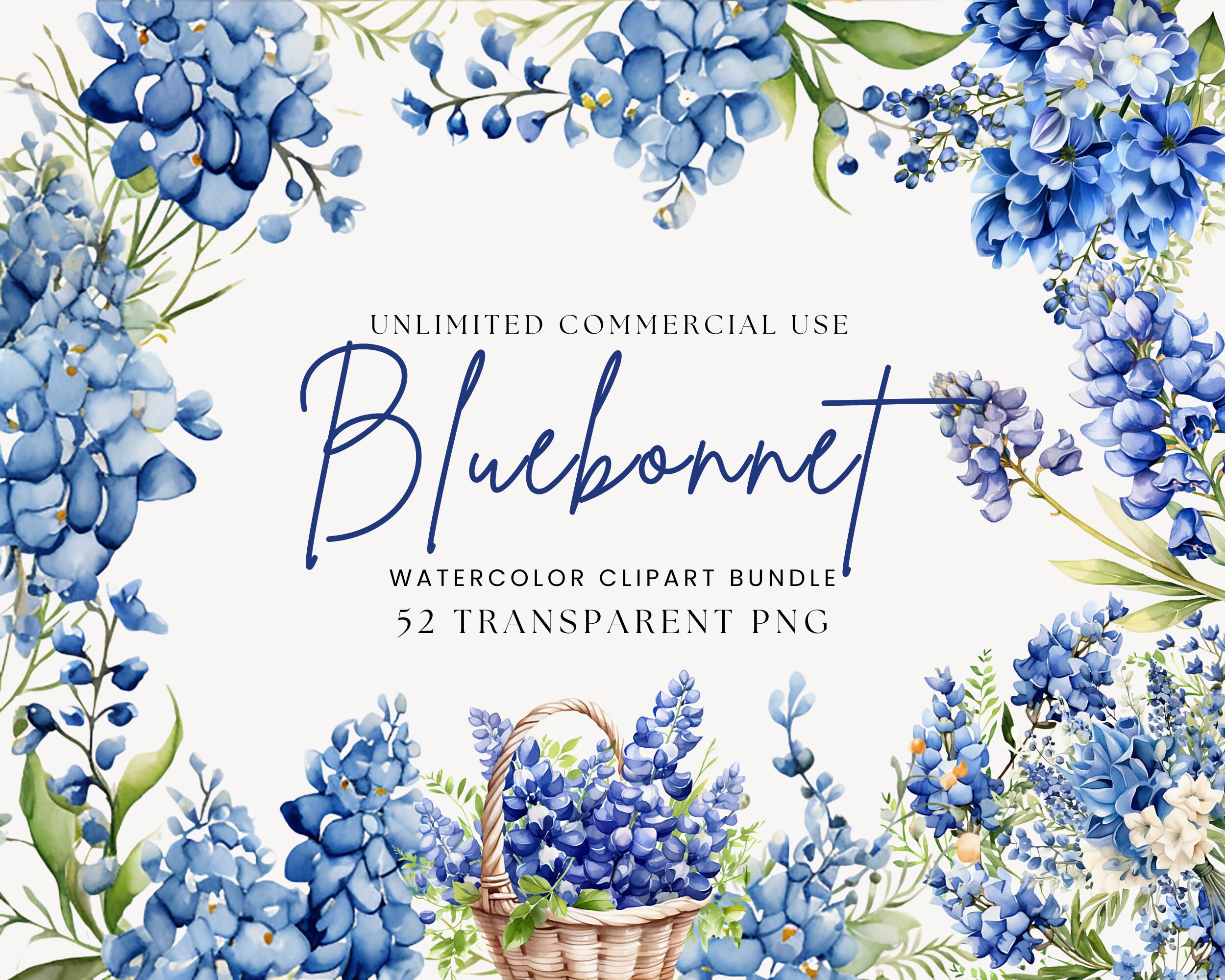 Bluebonnet Watercolor Clipart Bundle: Floral Wreath & Borders (PNG ...