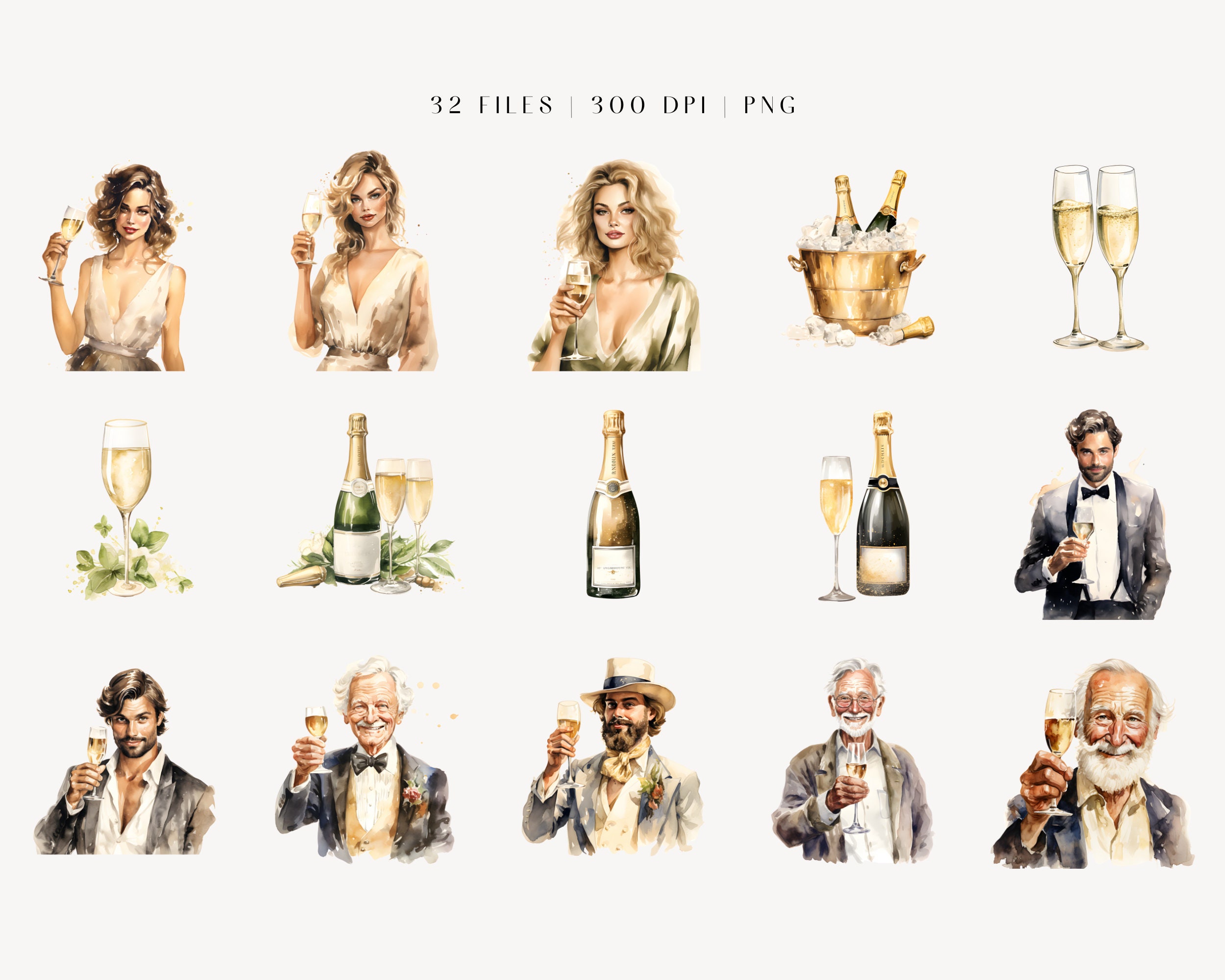 Champagne Watercolor Clipart Bundle Champagne Graphics, Champagne ...