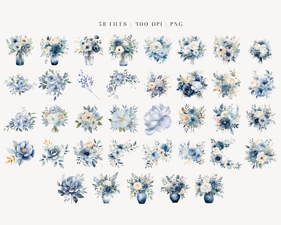Dusty Blue Flowers PNG Watercolor Floral Clipart Clipart for Wedding ...