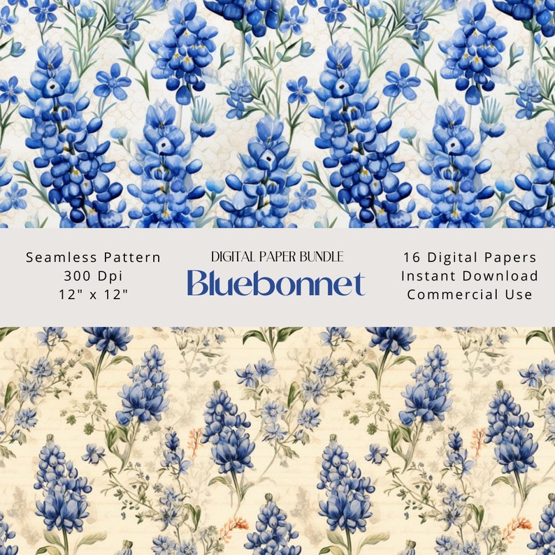 Bluebonnet Digital Paper Seamless | Vintage Watercolor Scrapbook Paper ...