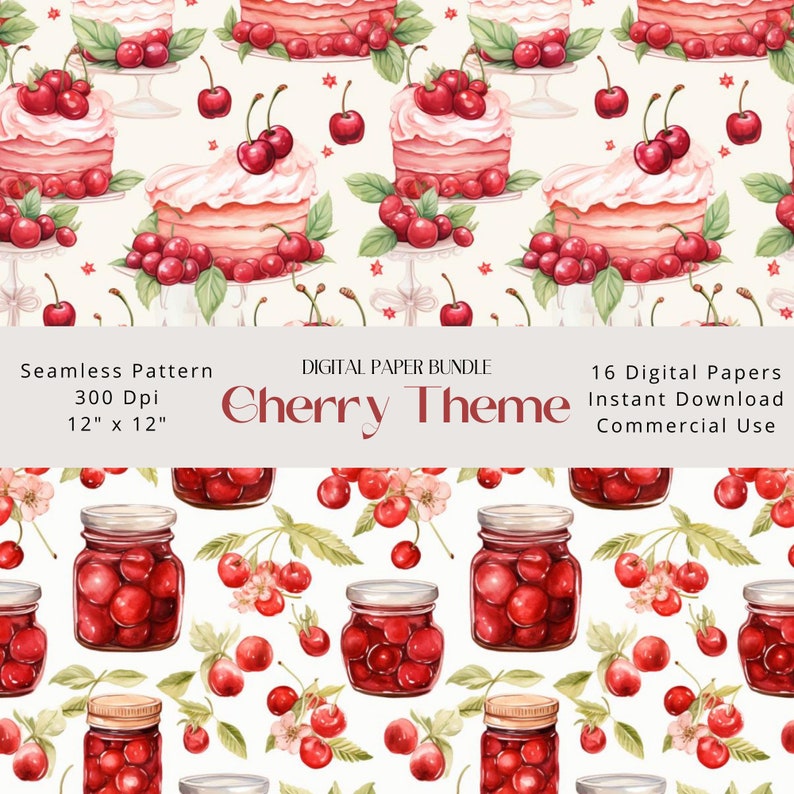Cherry Digital Paper Seamless Vintage Watercolor Scrapbook Papers ...