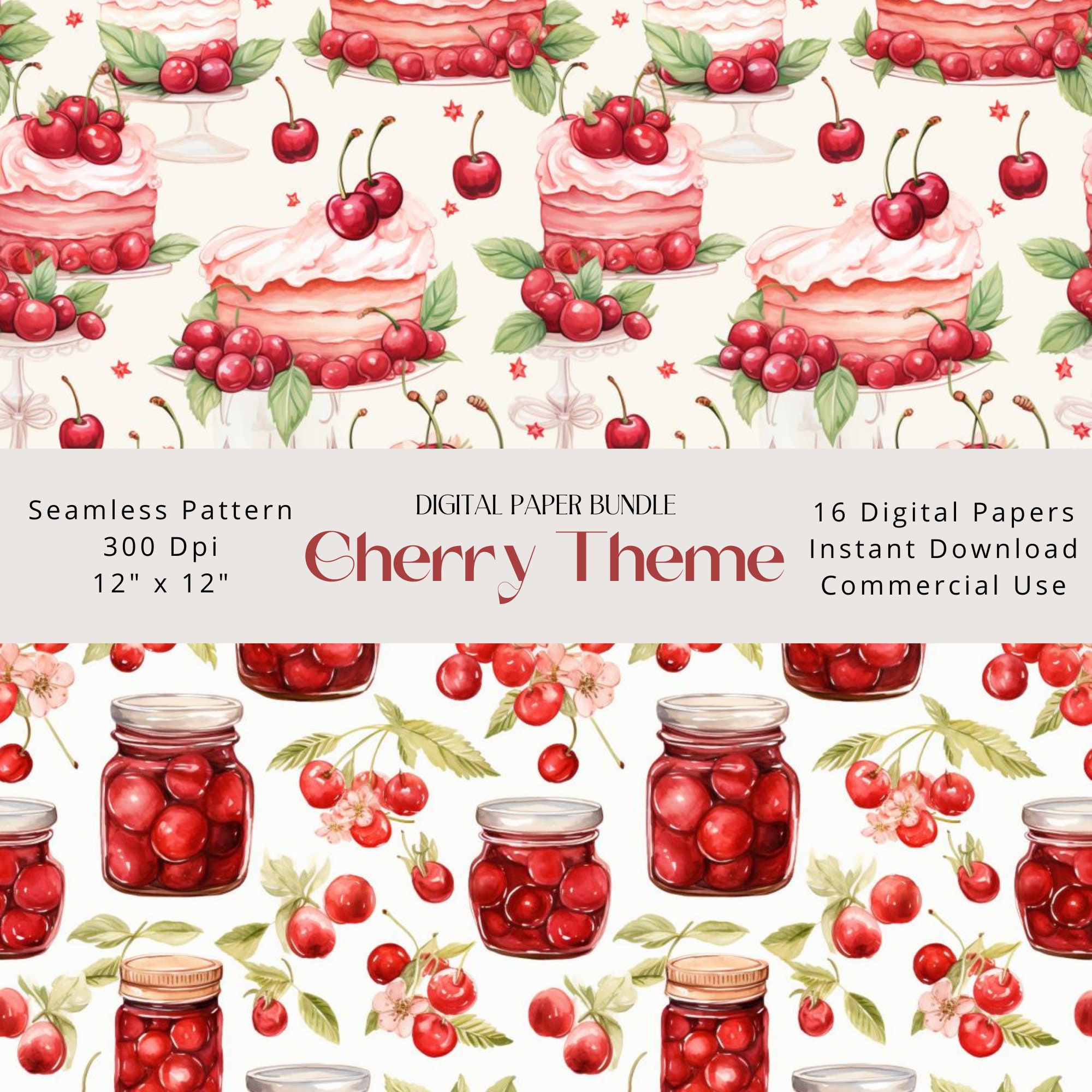 Cherry Digital Paper Seamless Vintage Watercolor Scrapbook Papers ...