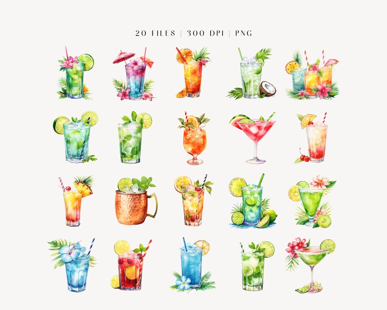 Tropical Summer Cocktails Clipart Watercolor Cocktail Clipart Summer ...