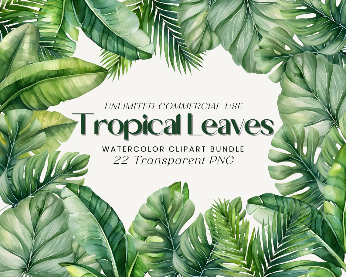 Tropical Leaf Watercolor Clipart Bundle | Exotic Foliage PNG (digital ...