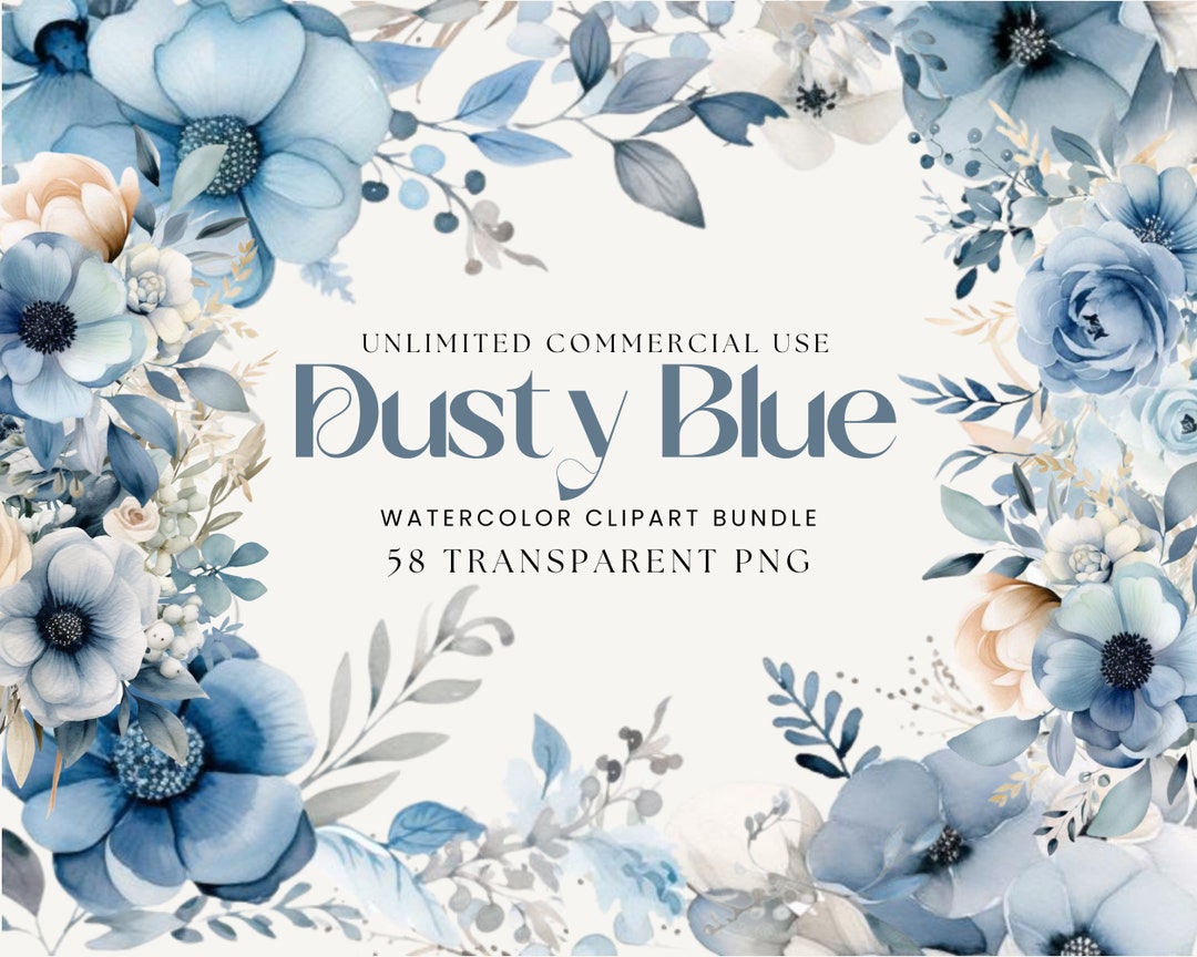 Dusty Blue Flowers PNG Watercolor Floral Clipart Clipart for Wedding ...