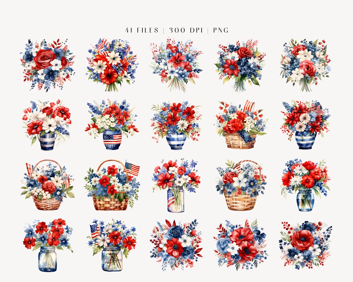 Red White & Blue Floral Clipart Bundle | Watercolor Clipart | Patriotic ...
