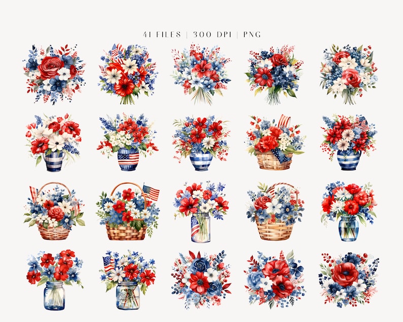 Red White & Blue Floral Clipart Bundle | Watercolor Clipart | Patriotic ...