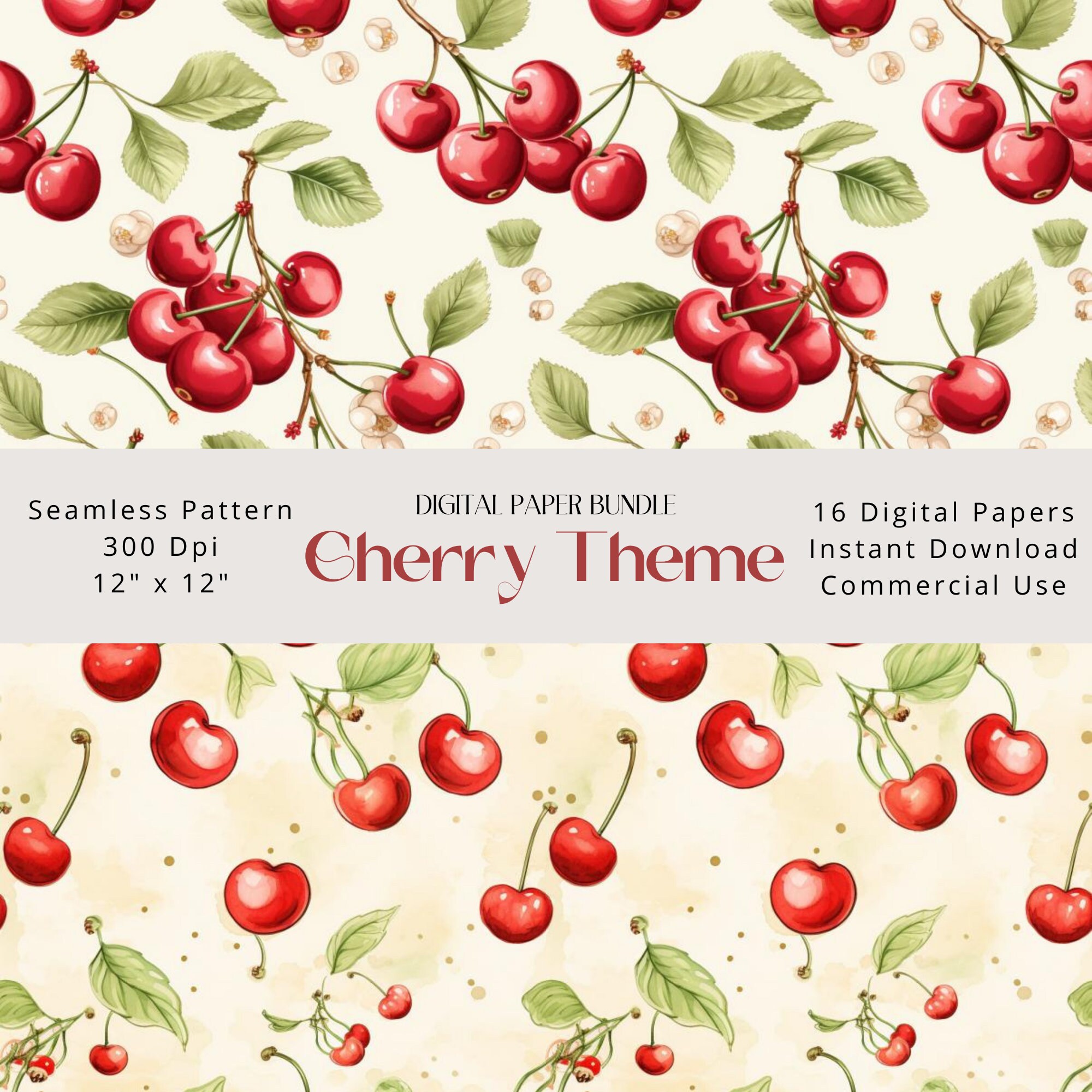 Cherry Digital Paper Seamless Vintage Watercolor Scrapbook Papers ...
