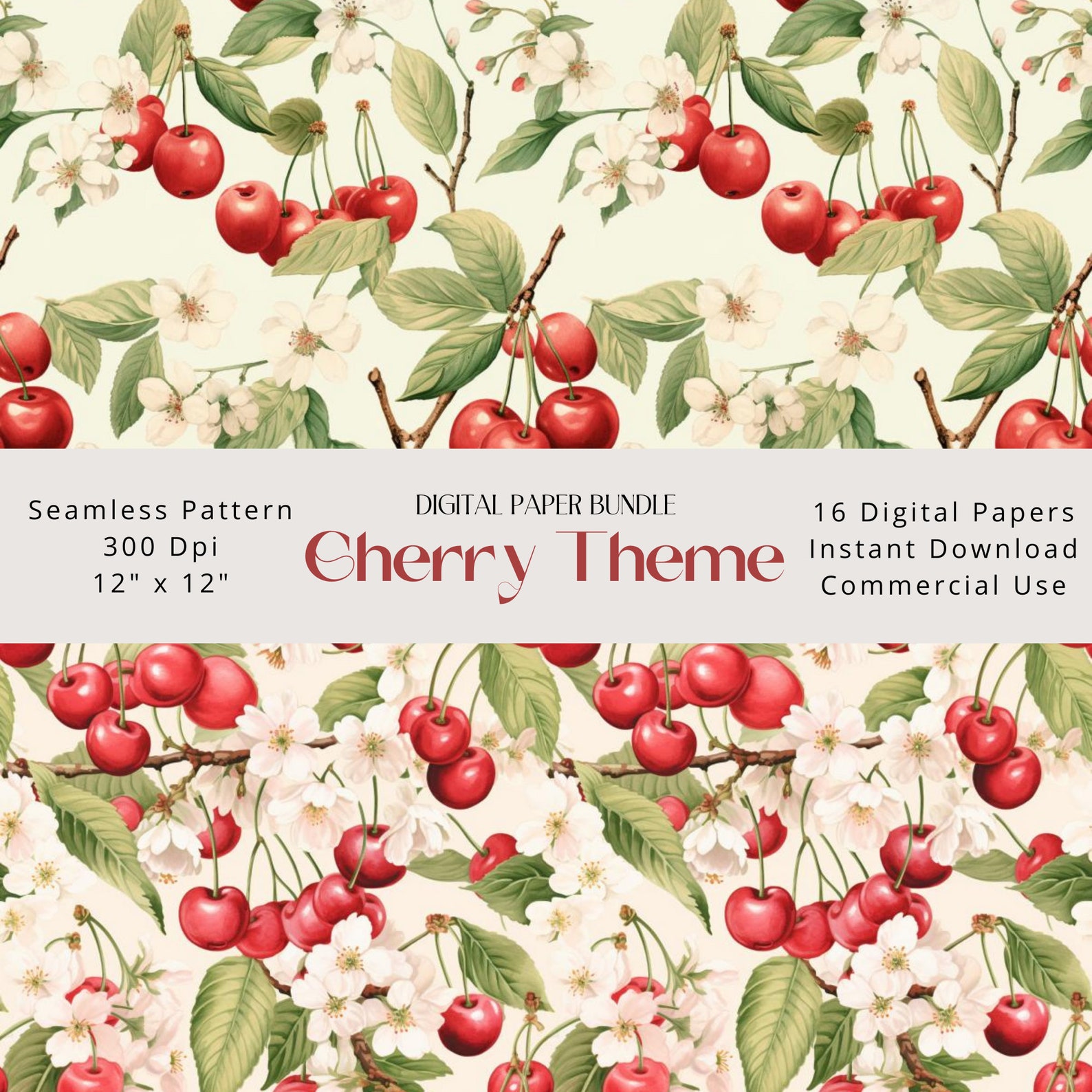Cherry Digital Paper Seamless Vintage Watercolor Scrapbook Papers ...