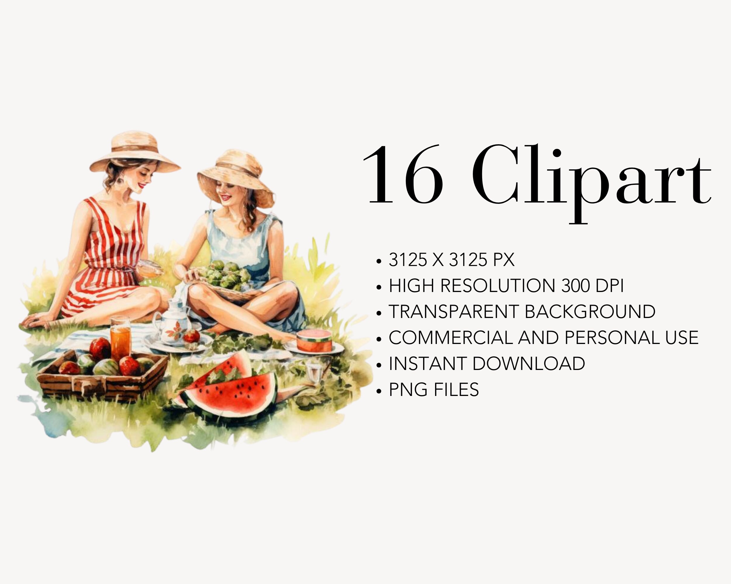 Watercolor Summer Picnic Clipart Bundle Afternoon Picnic, Picnic Basket ...