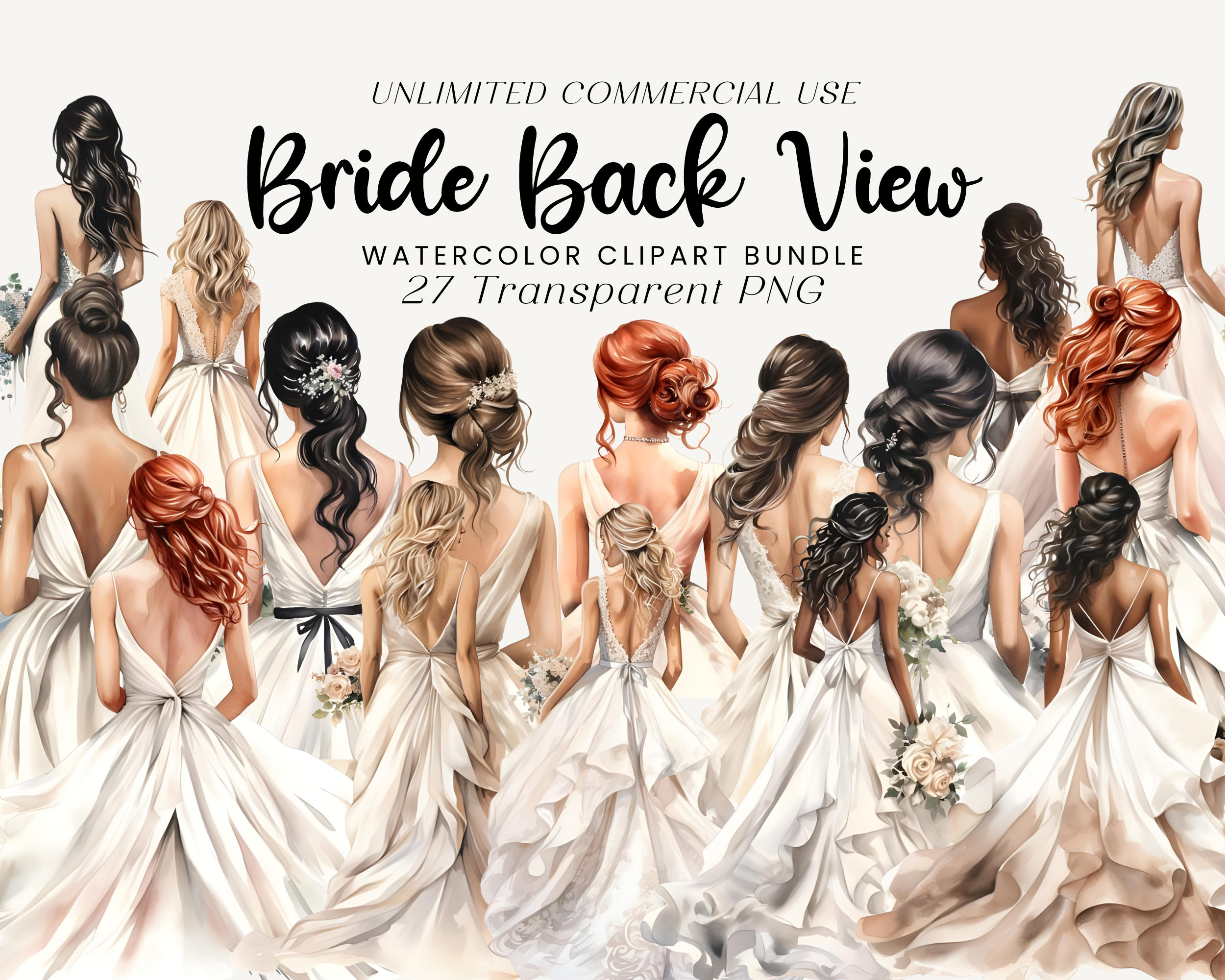Watercolor Bride Clipart: Back View Wedding Dress PNG (digital Download ...