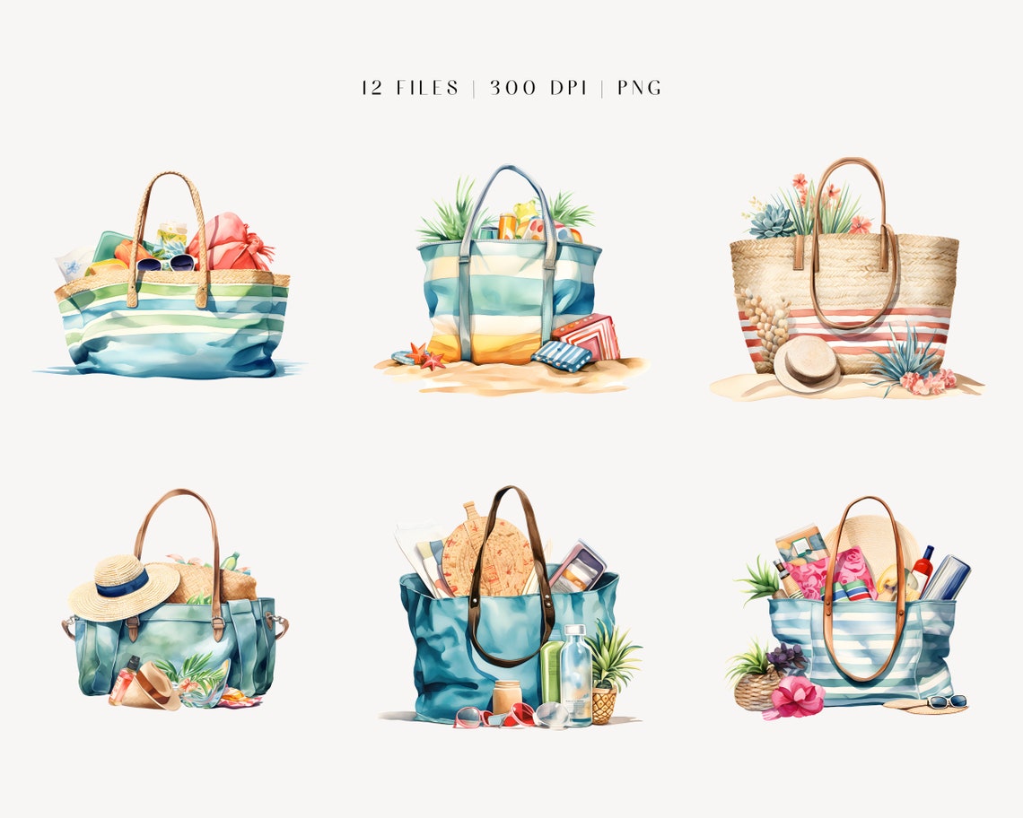 Beach Bag Watercolor Clipart Bundle Beach Clipart, Summer Vacation ...