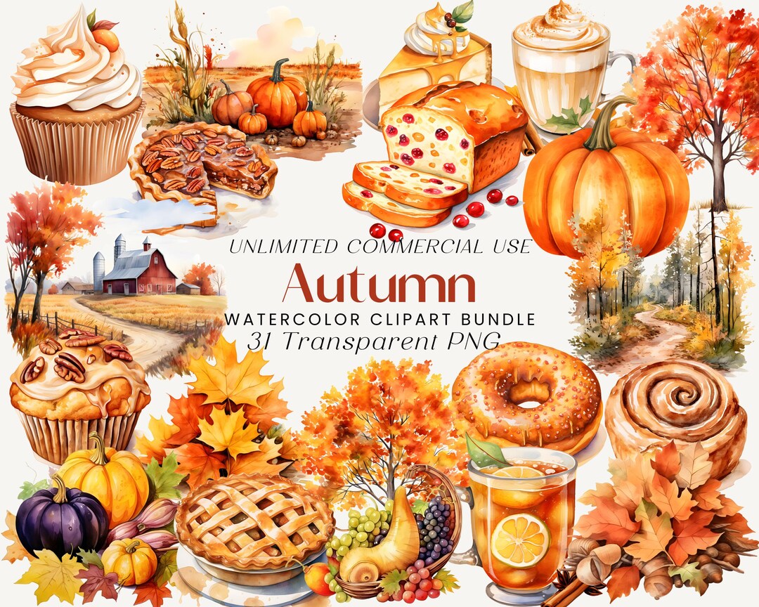 Autumn Watercolor Clipart Set Fall Clipart Autumn Scenes Autumn Foods ...