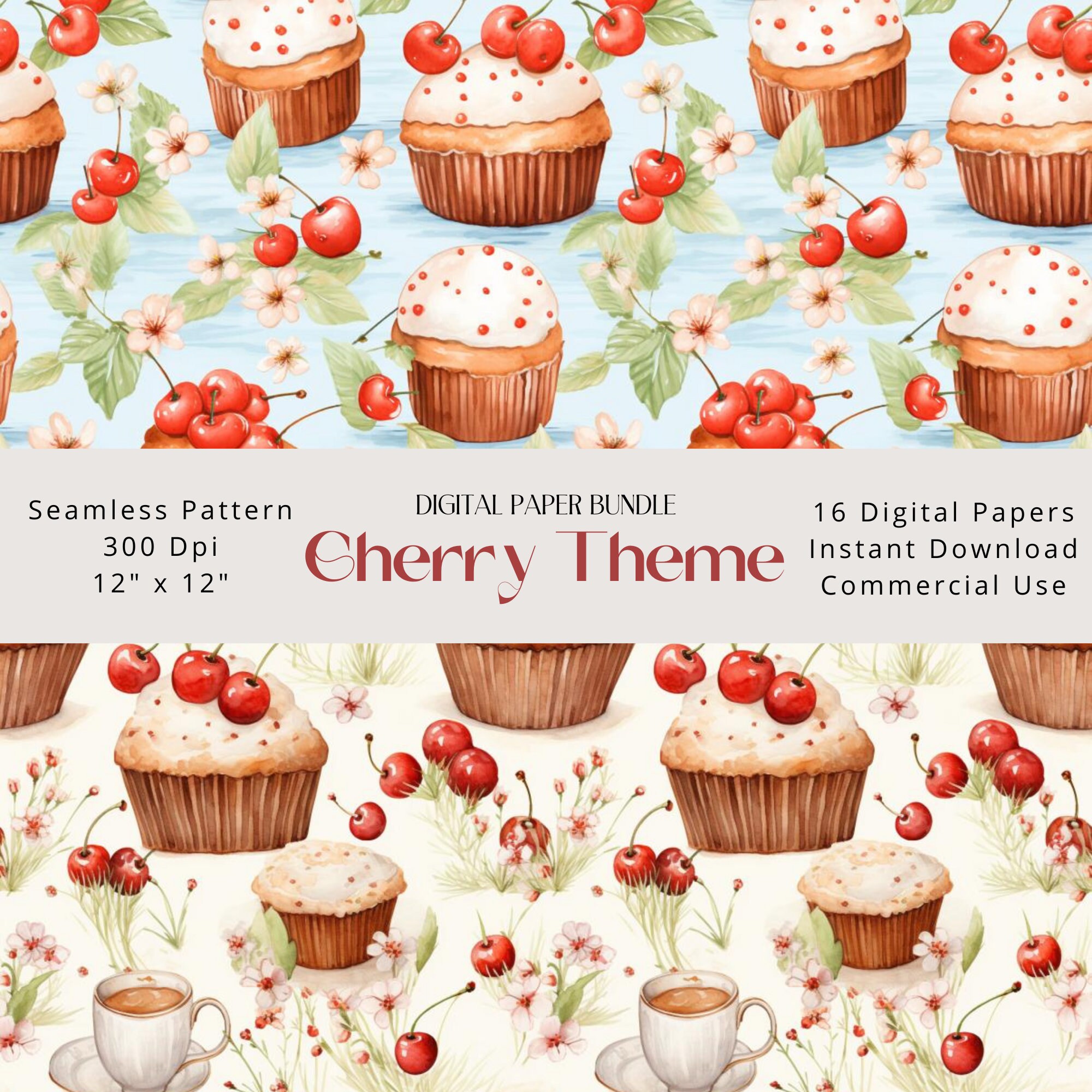 Cherry Digital Paper Seamless Vintage Watercolor Scrapbook Papers ...
