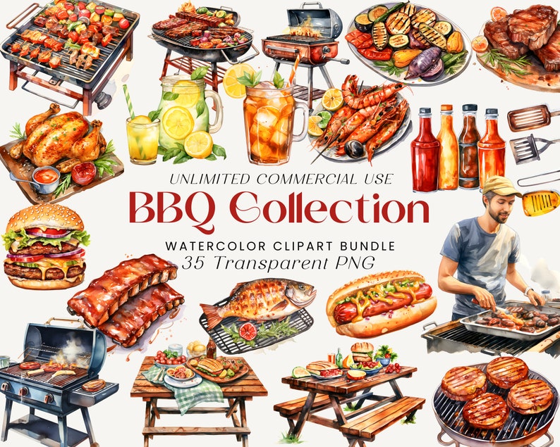 Barbecue Watercolor Clipart Bundle | Summer Clipart, BBQ Sublimation ...