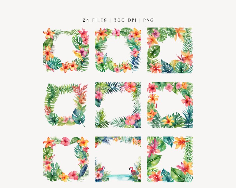 Watercolor Tropical Flower Borders & Wreaths Clipart (PNG Digital ...