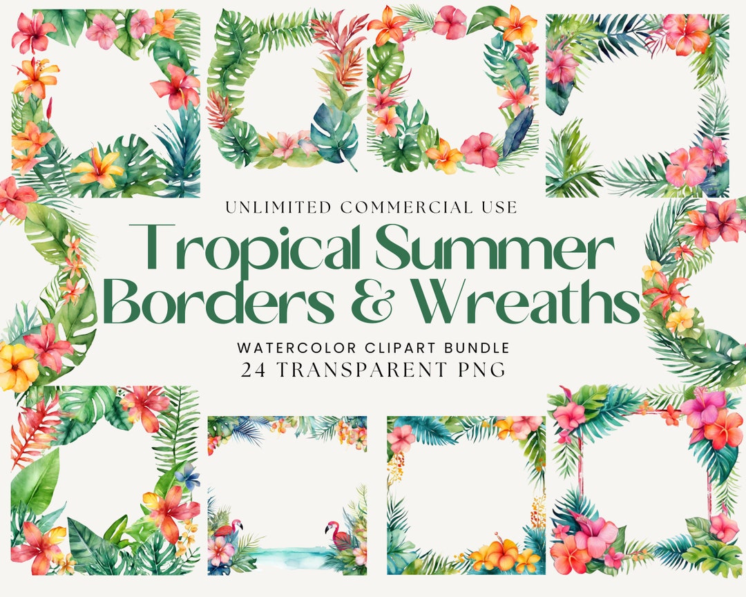 Watercolor Tropical Flower Borders & Wreaths Clipart (PNG Digital ...