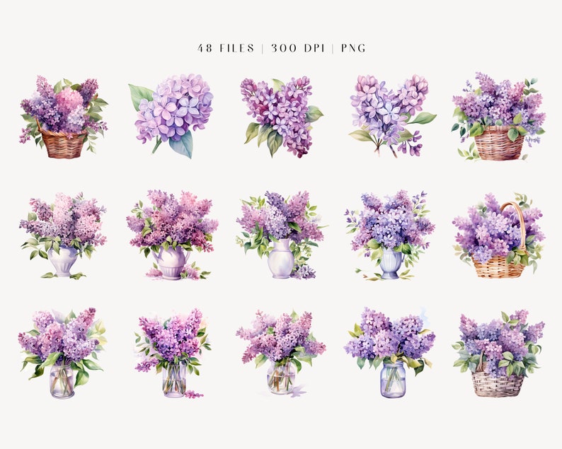 Lilac Watercolor Clipart Bundle Spring Flowers, Floral Clipart, Purple ...