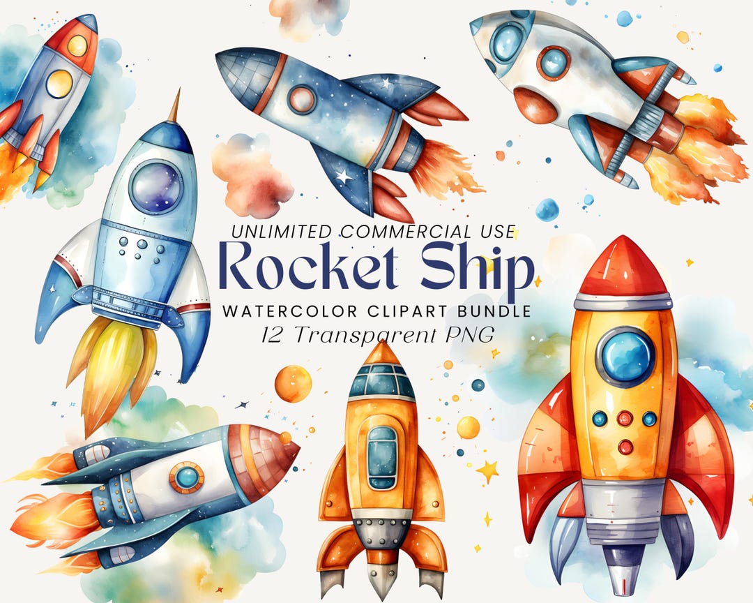 Rocket Ship Watercolor Clipart | Space Clipart | Rocket Illustration ...