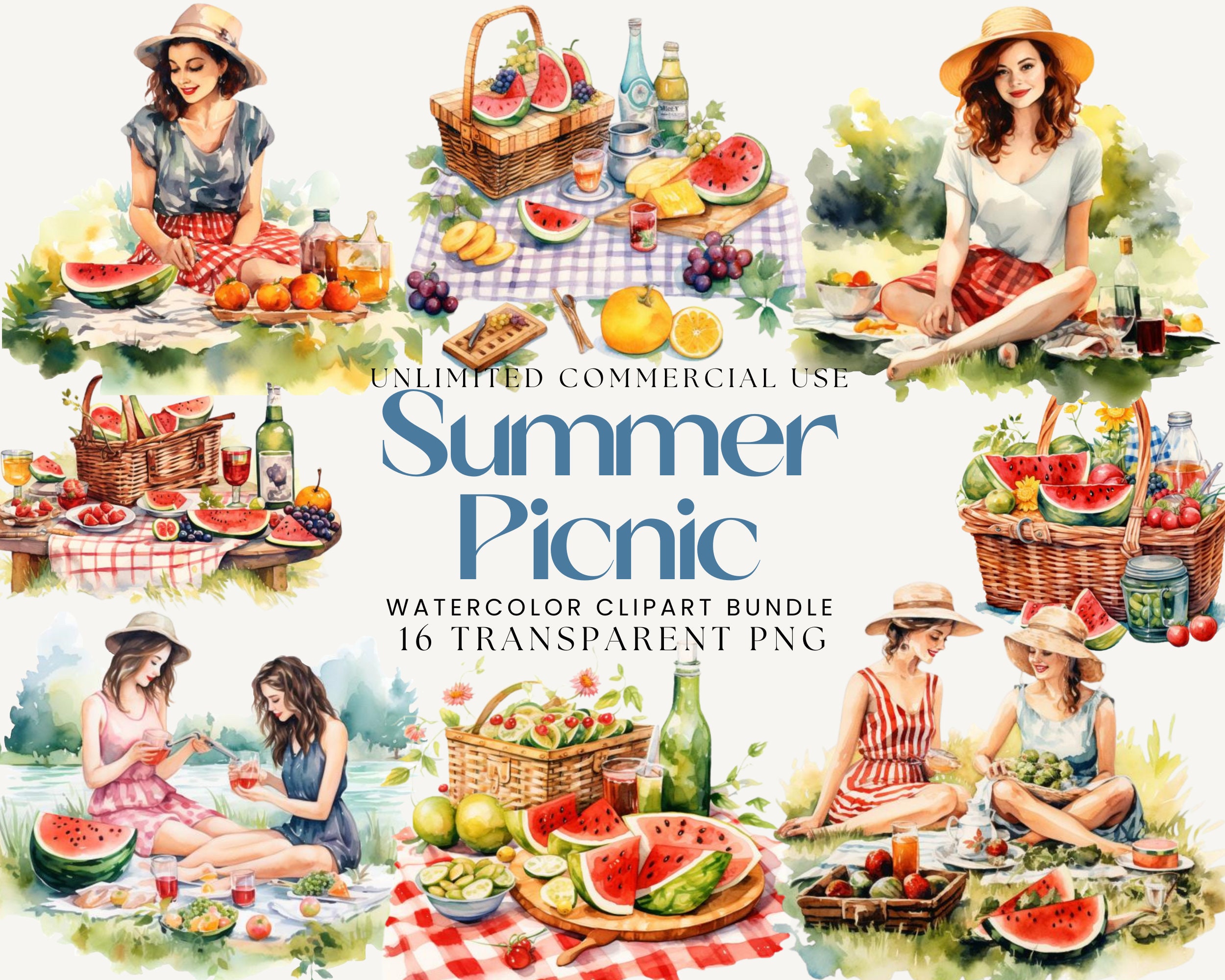 Watercolor Summer Picnic Clipart Bundle | Afternoon Picnic, Picnic ...